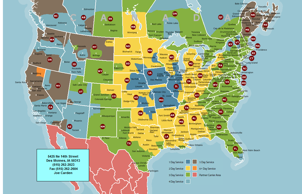 Outbound Service Coverage - State: IA - Terminal: DSM